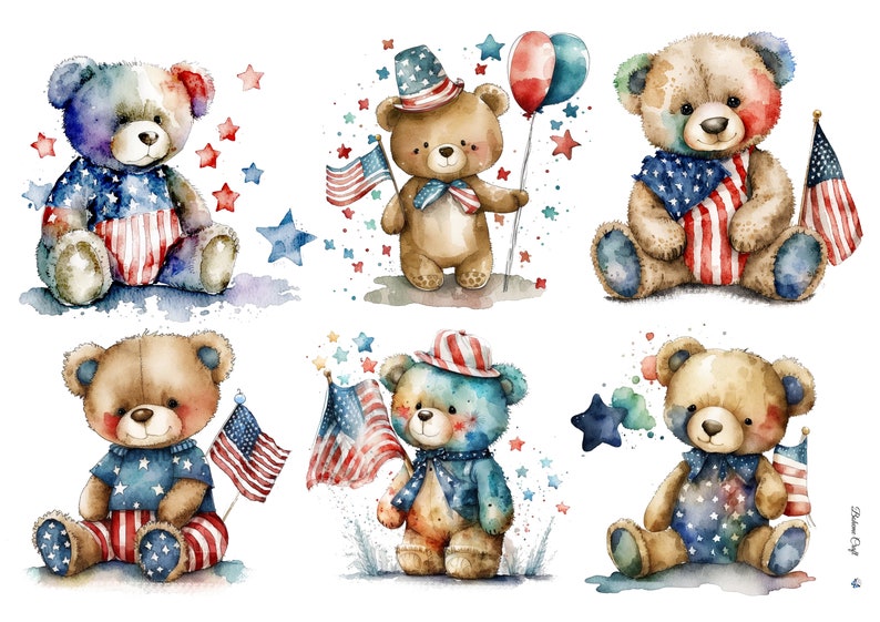 Patriotic Teddy Bears Rice Paper for Decoupage: American Flag ...
