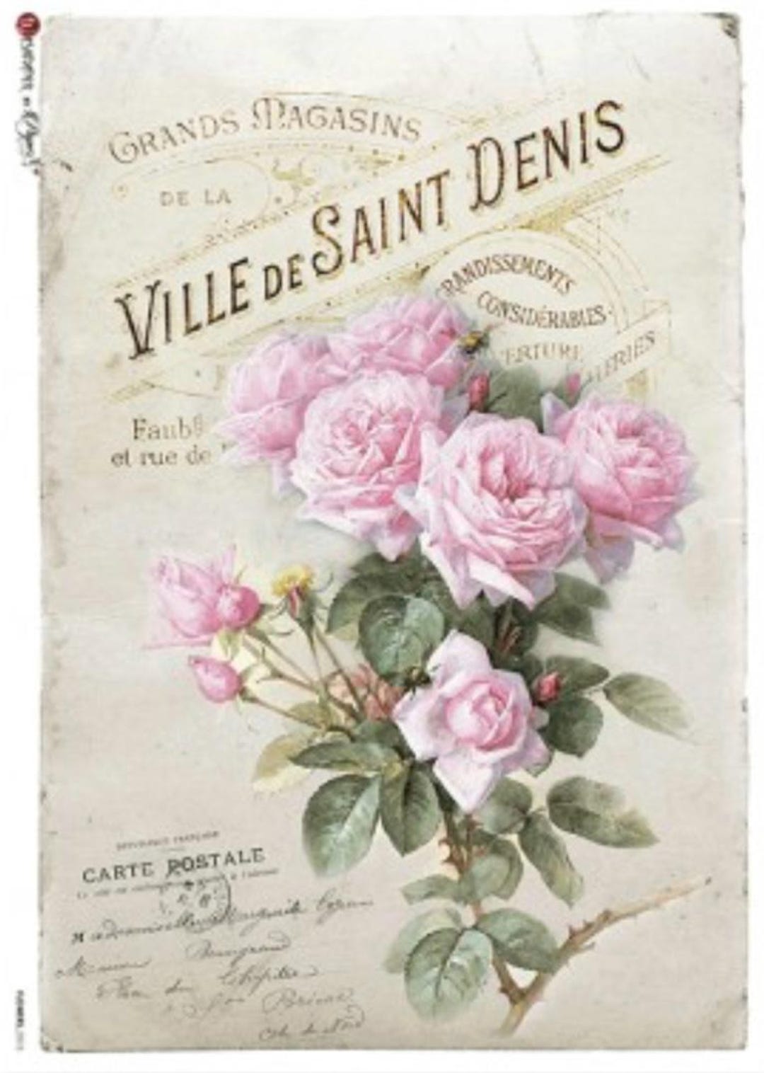 Vintage Pink Roses Rice Paper for Decoupage, Vintage Scrapbook Ephemera ...