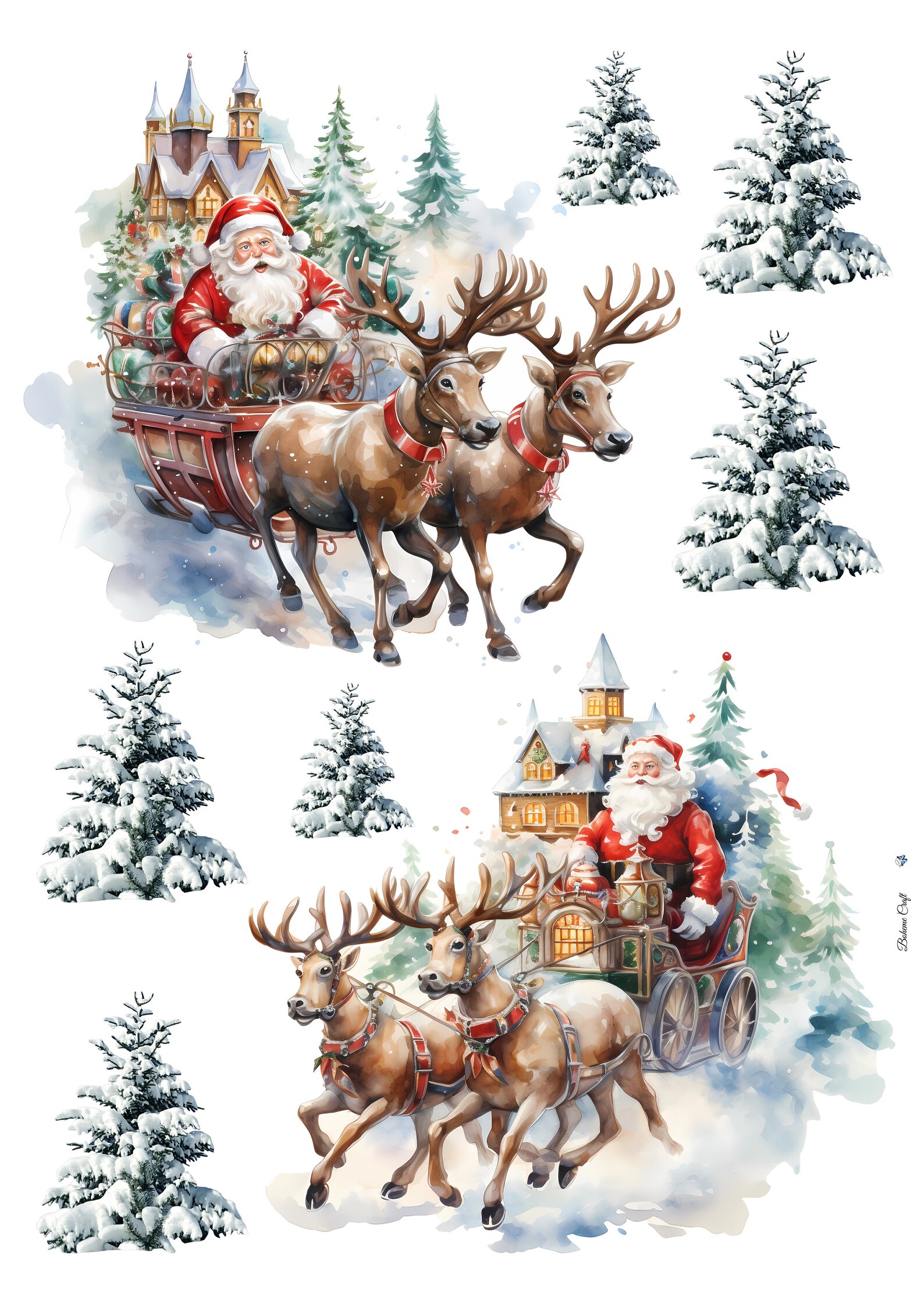 Santa Rice Paper for Decoupage, Christmas Santa on Reindeer, Mulberry ...