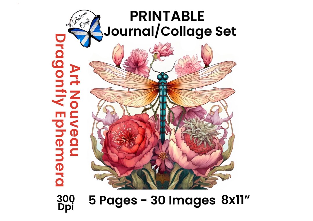 Art Nouveau Dragonfly Ephemera: Printable Collage Set (digital Download ...