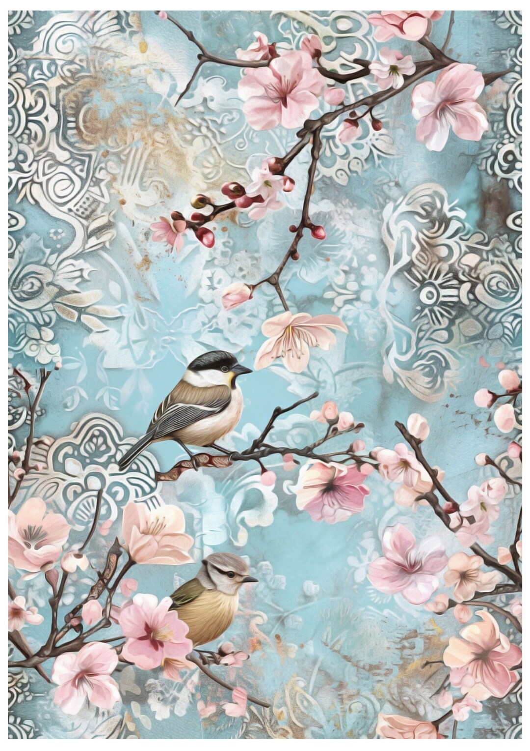 Decorative Rice Paper for Decoupage, Birds on Cherry Blossom Flowers ...