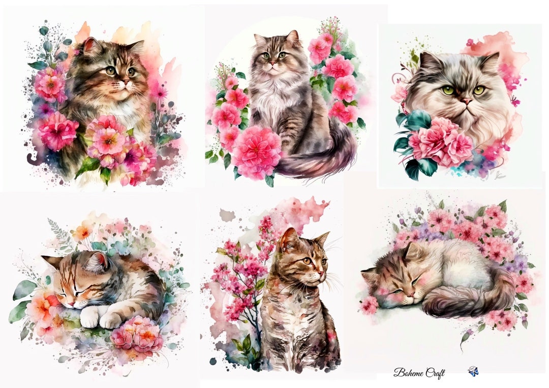 Rice Paper for Decoupage, Cats in Pink Flowers, Scrapbooking, Journals ...