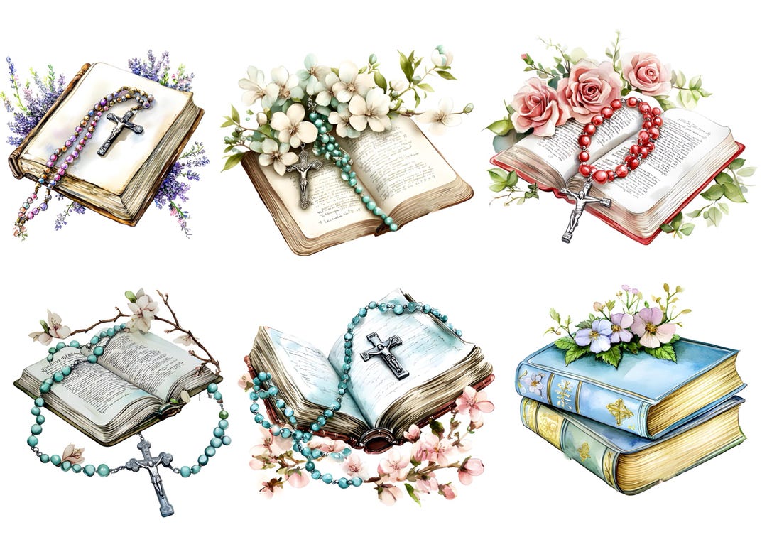 Religious Rice Paper for Decoupage, Rosary Beads on Bible Collage Sheet ...