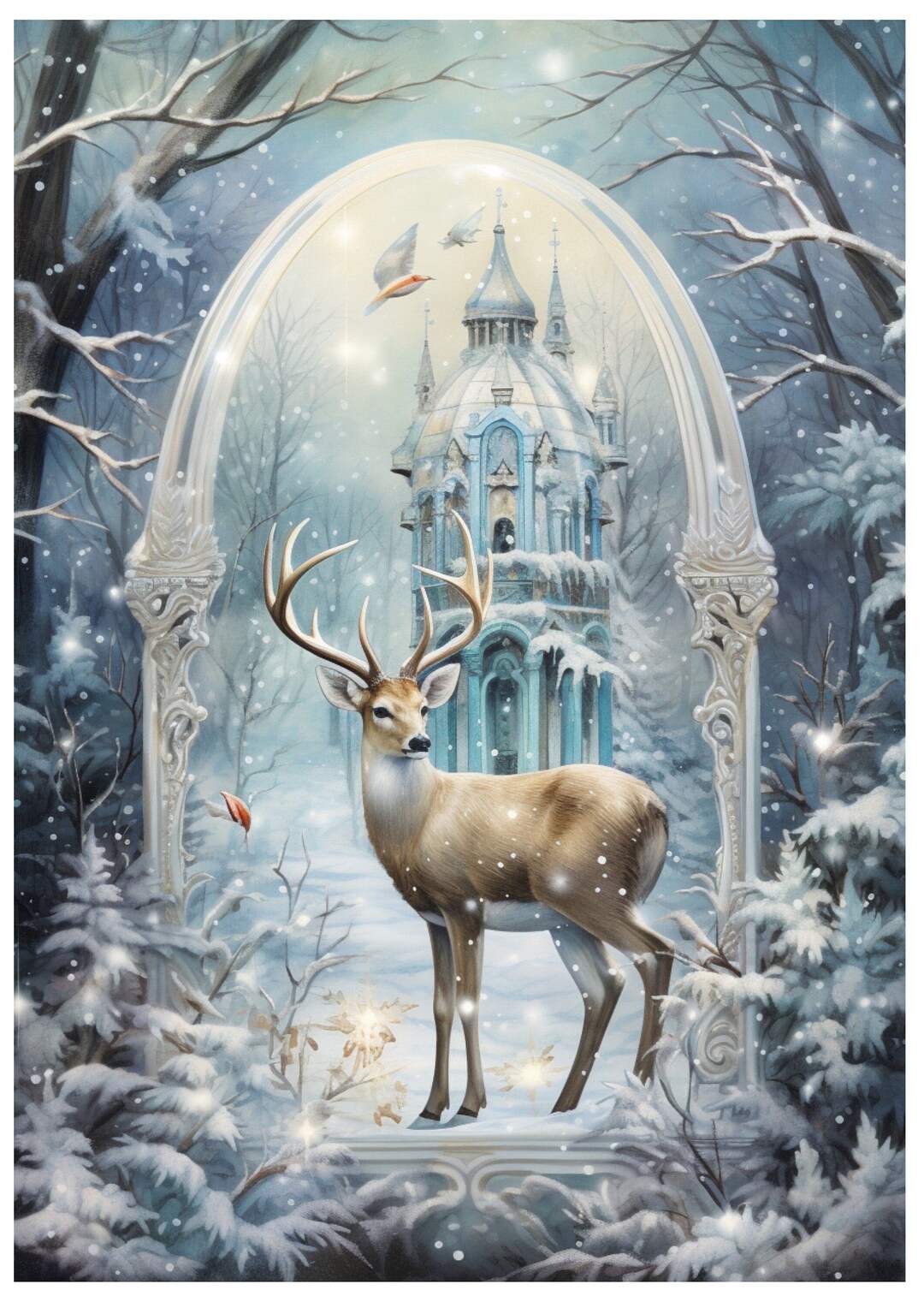 Rice Paper for Decoupage, Fairytale Winter Stag Snow Scene ...