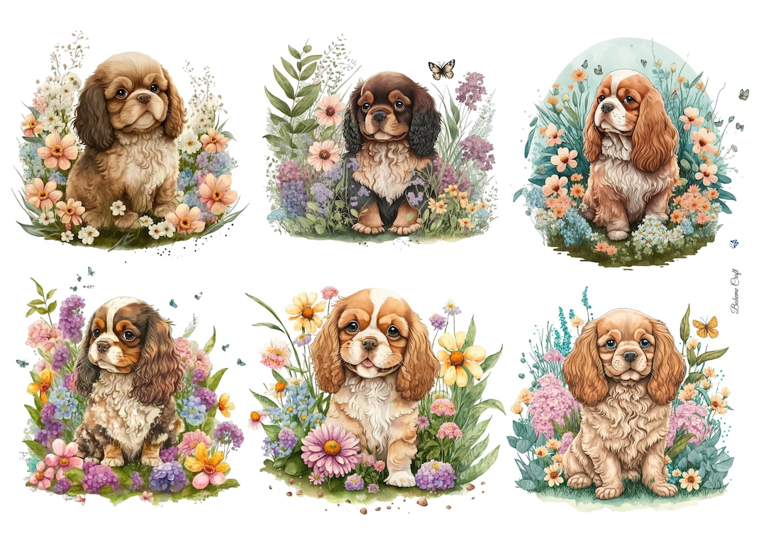 Rice Paper for Decoupage, Dogs in Flowers Collage, Scrapbooking ...