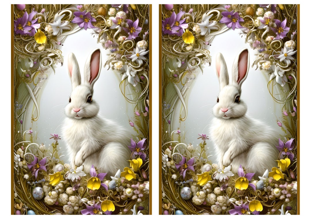 White Rabbit Rice Paper: Floral Easter Collage for Decoupage - Etsy