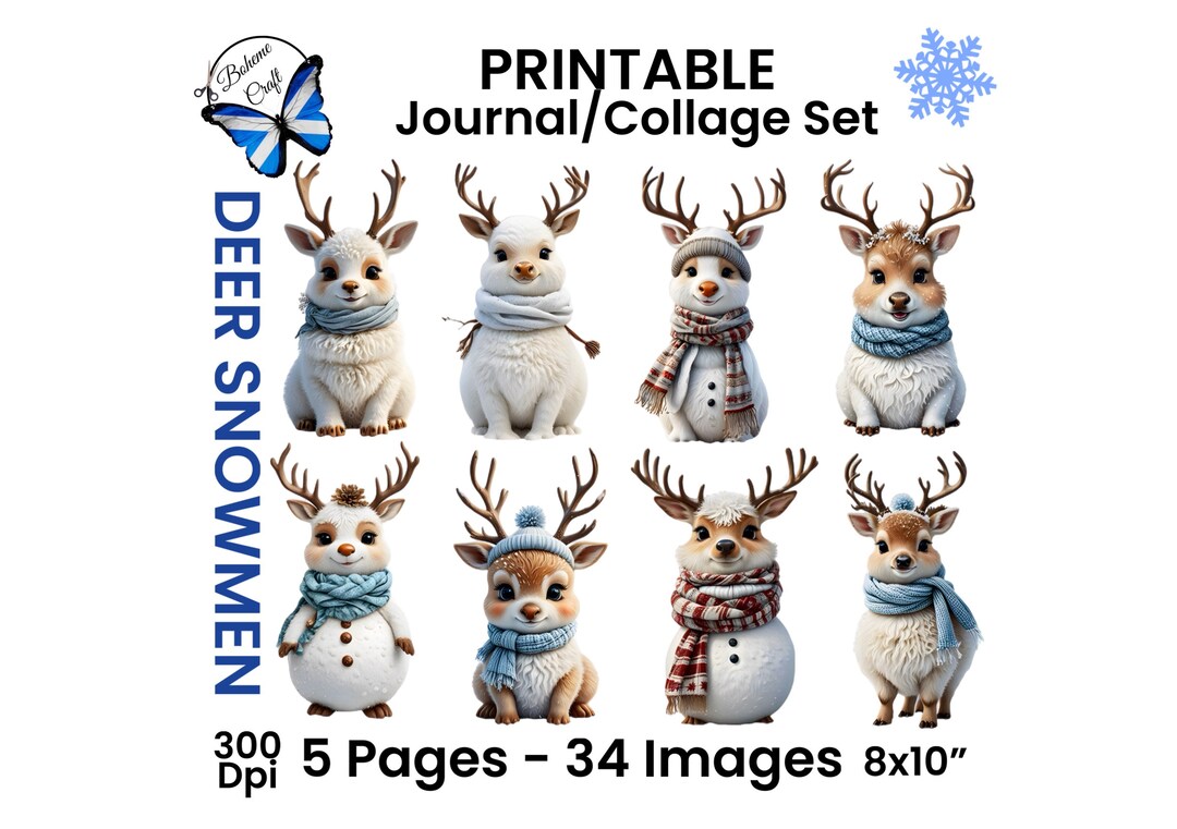 Winter Deer Snowmen Printable Clipart Collage Set for Decoupage, Junk ...