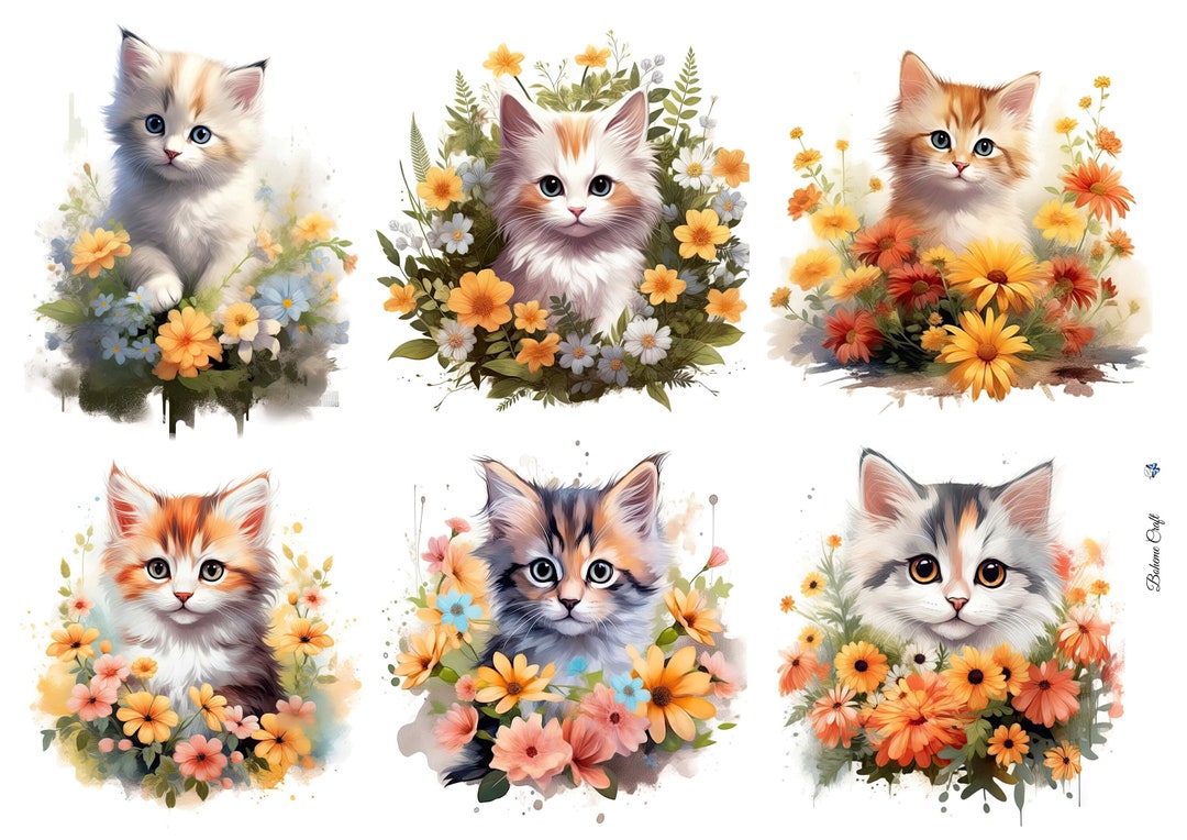 Rice Paper for Decoupage, Cats in Flowers, Scrapbooking, Journals ...