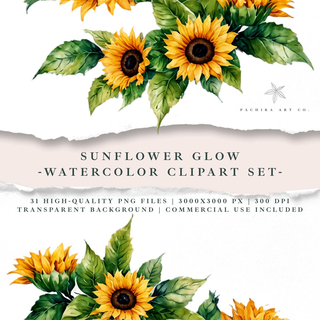31 PNG, Watercolor Sunflower Clipart Bundle, Sunflower Wreaths, Floral ...