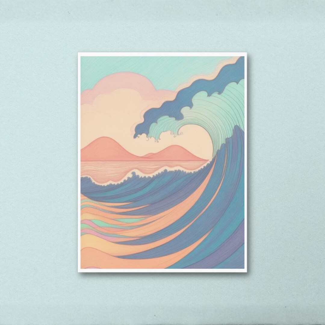Pastel Ocean Wave Print: Crayon Style Coastal Art (US Letter, PDF) - Etsy