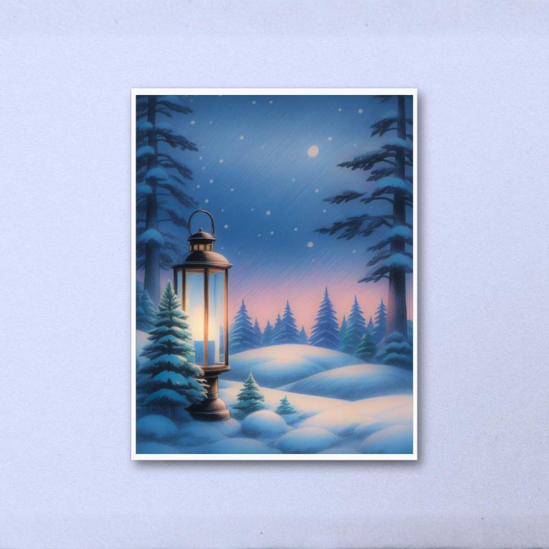 Winter Lantern Snowy Forest Print, Crayon Style Starry Sky (US Letter ...