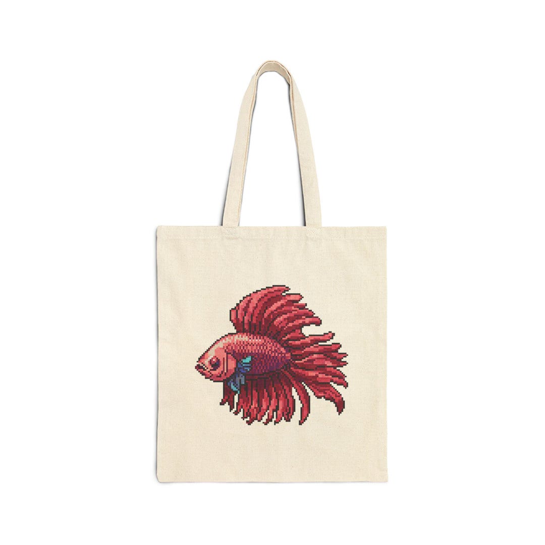 Pixel Art Betta Fish Cotton Tote Bag, Reusable Shopping Bag, Eco ...