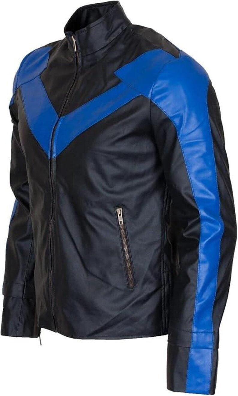 Mens Arkham Nightwing Costume Blue Stripes Fashion Biker Black Genuine ...