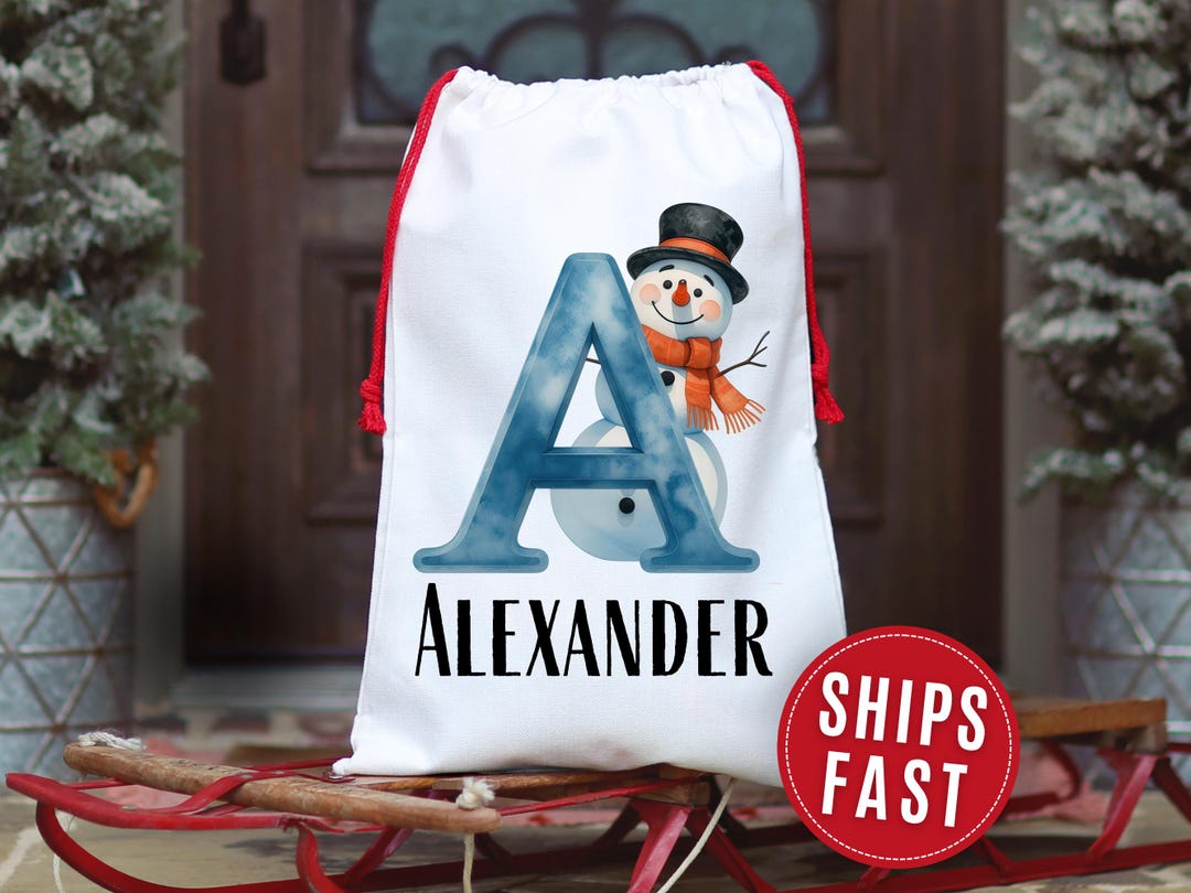 Snowman Initial Santa Bag, Custom Gingerbread Initial Name Santa Gift ...