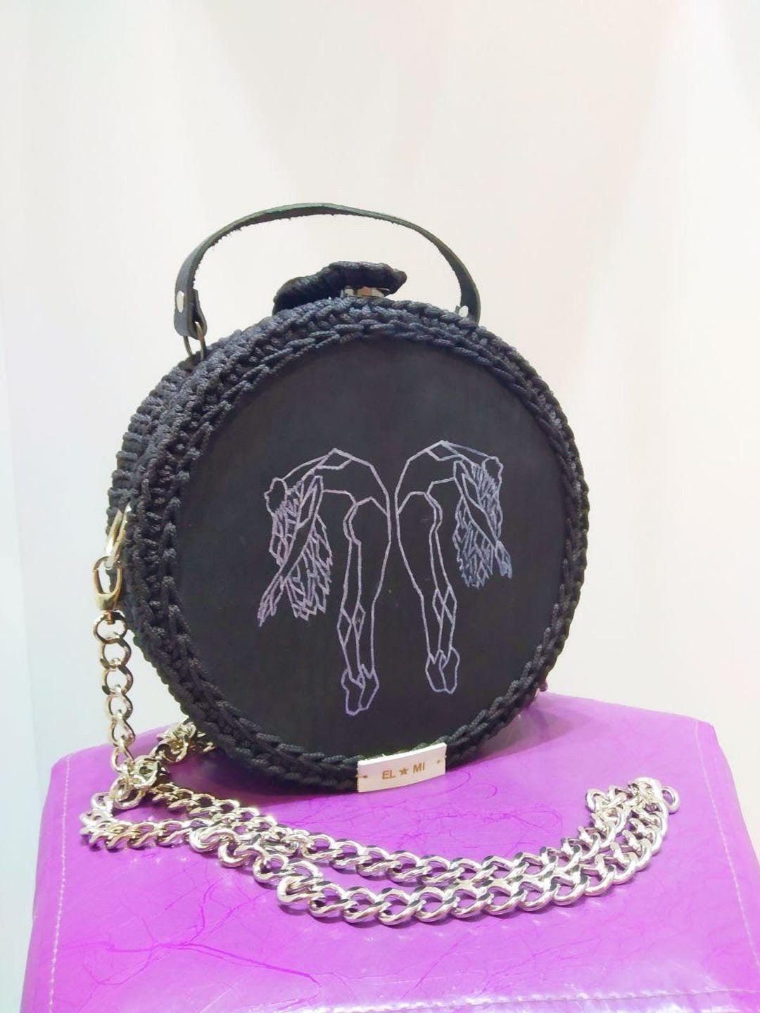Zodiac Crochet Bag – Round Black Crossbody With Leather and Wood, Chain ...
