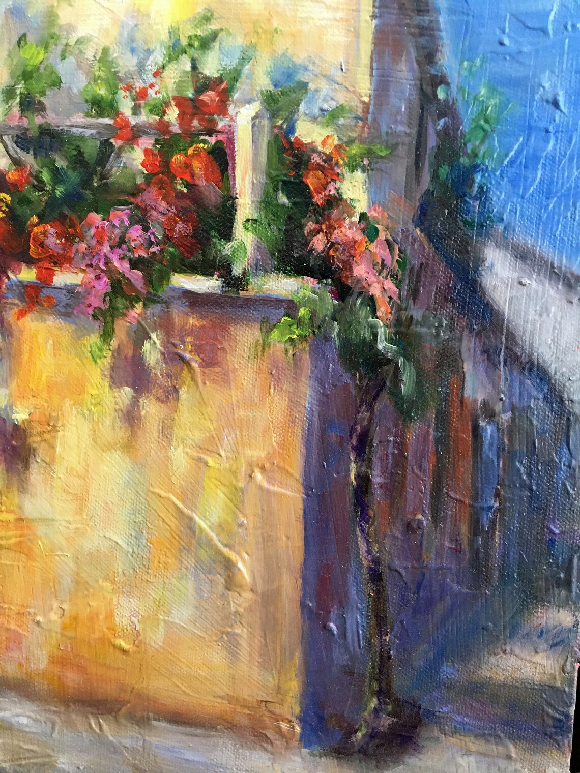Spanish Village in Spain, Landscape Modern Portrait Painting, Flowers ...