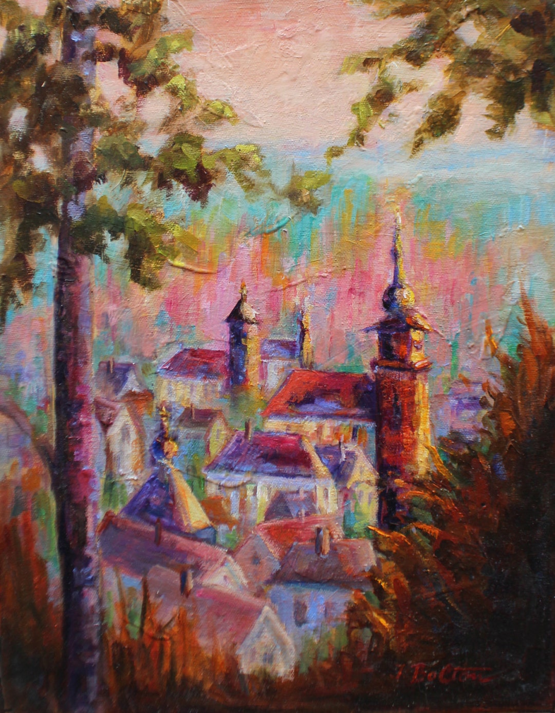 Old World Town, Original Oil Painting, Town Scene With Church, Sunset ...
