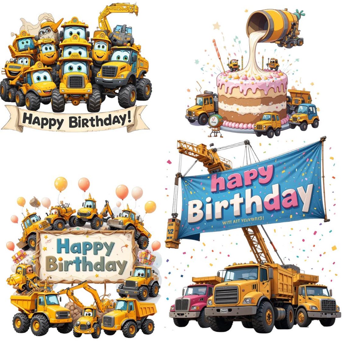 Construction Birthday Clipart: Watercolor Vehicles (commercial Use PNG ...