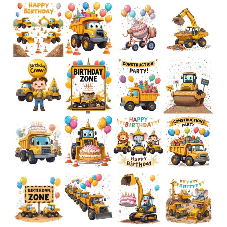 Construction Birthday Clipart: Watercolor Vehicles (commercial Use PNG ...