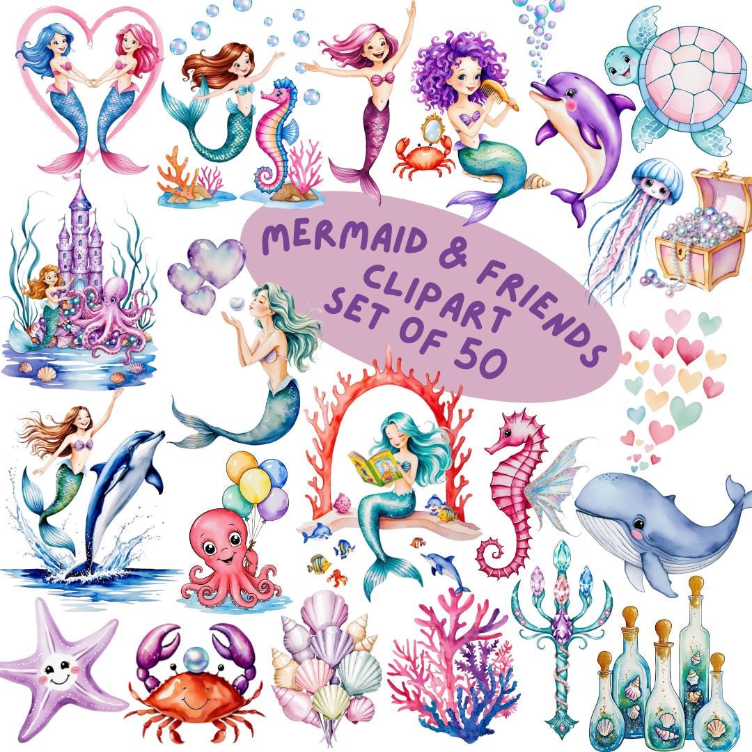 Watercolor Mermaid Clipart Bundle | 50 Ocean PNG Images (digital ...