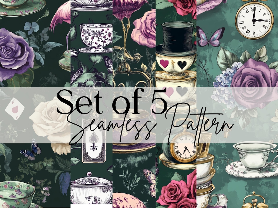 Set of 5 Alice in W Fairytale Seamless Pattern Mad Hatter Birthday ...