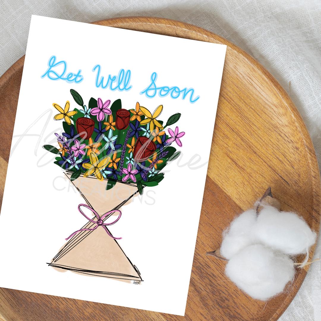 Hand-drawn Floral Get Well Card: A7 Greeting Card With Kraft Envelope ...