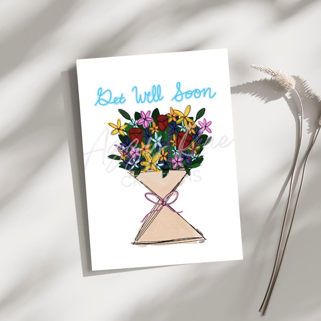 Hand-drawn Floral Get Well Card: A7 Greeting Card With Kraft Envelope ...