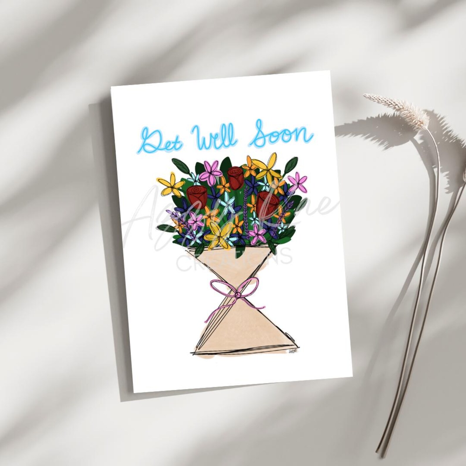 Hand-drawn Floral Get Well Card: A7 Greeting Card With Kraft Envelope ...