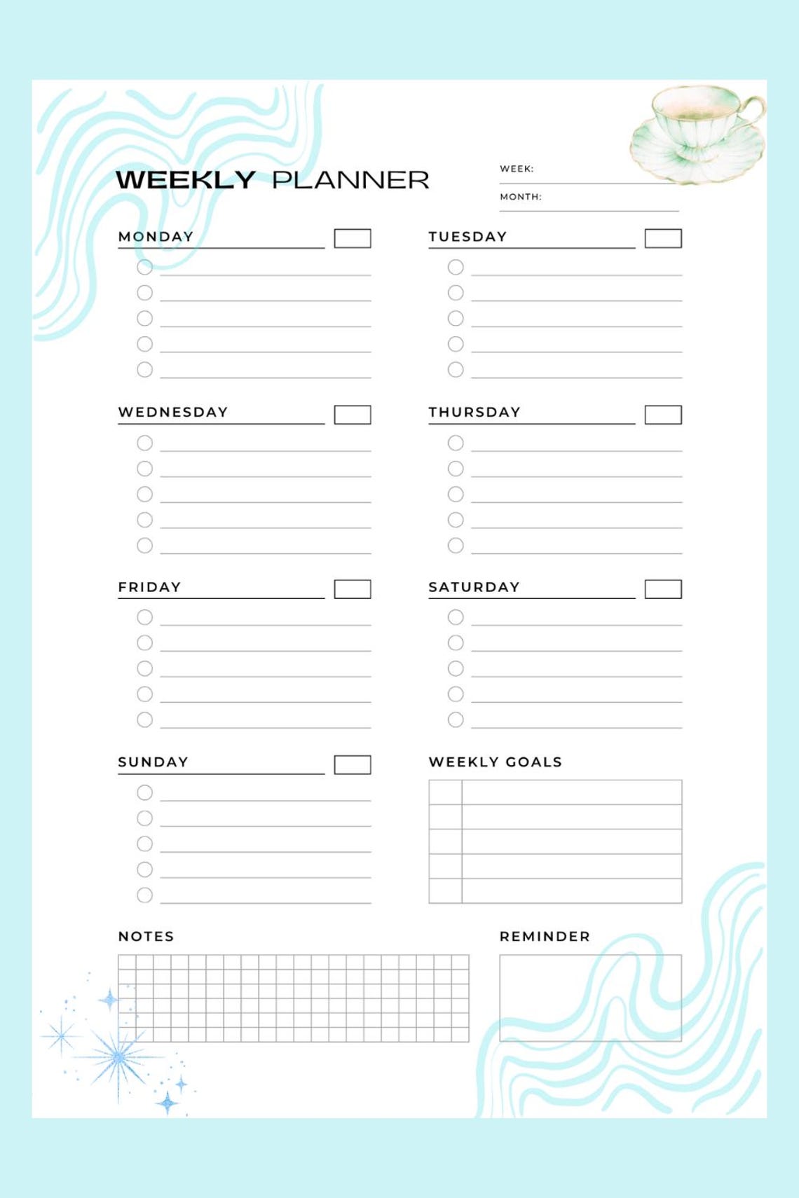 Weekly Planner | Fillable PDF | Printable | Undated Digital Planner ...
