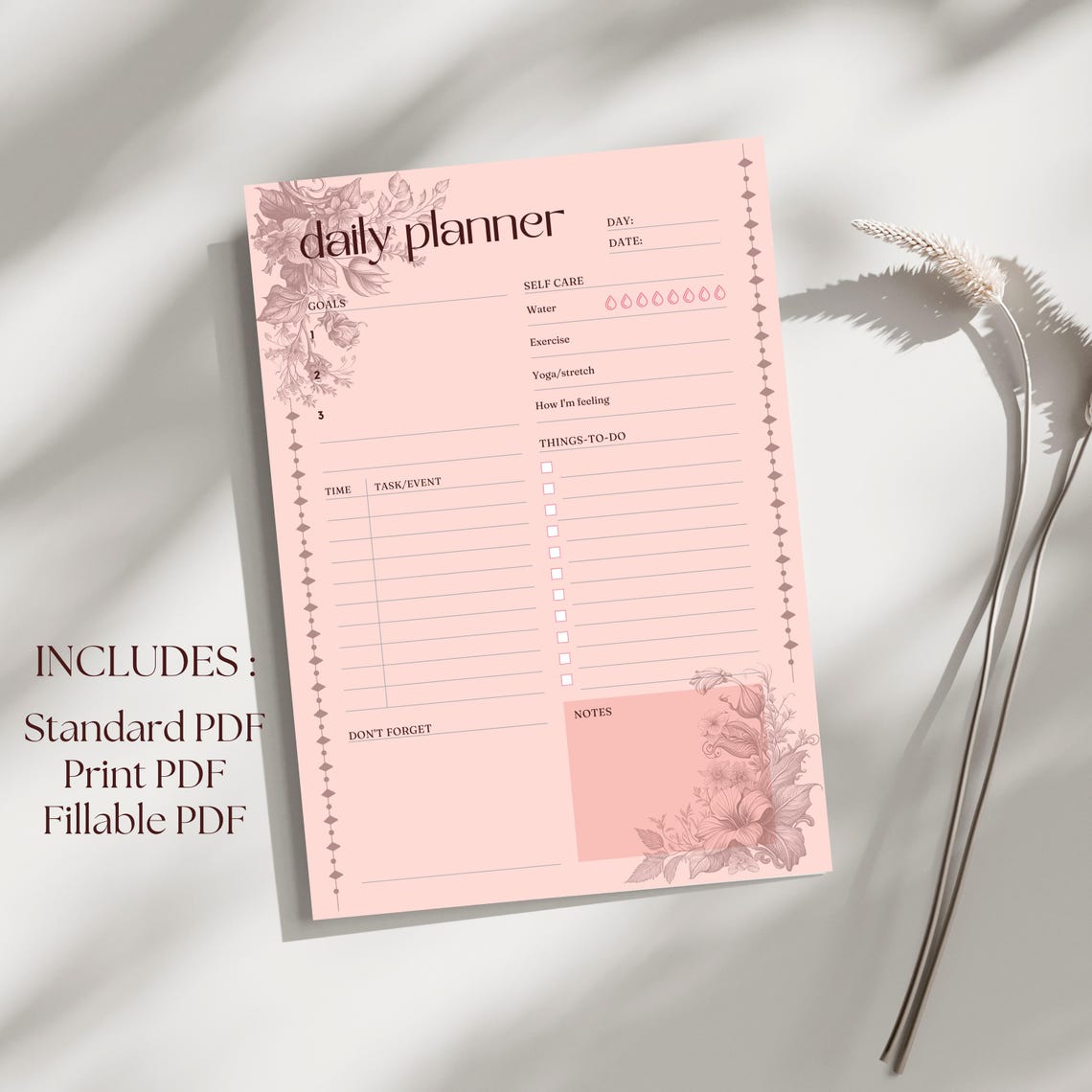 Elegant Daily Planner PDF – Floral Vintage Design, Aesthetic Self-care ...