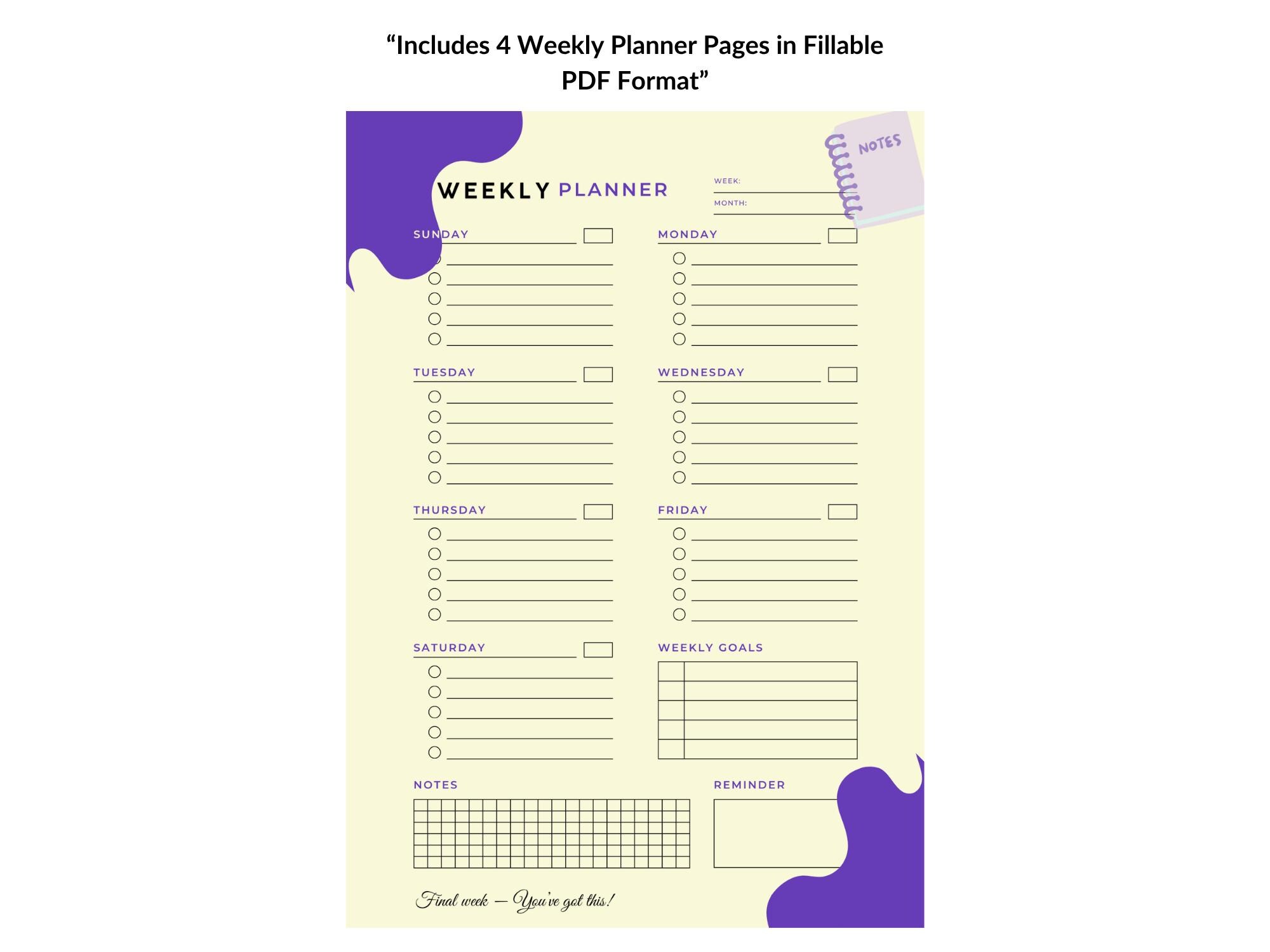 Weekly Planner Printable | 4 Aesthetic Color Themes | Fillable PDF ...
