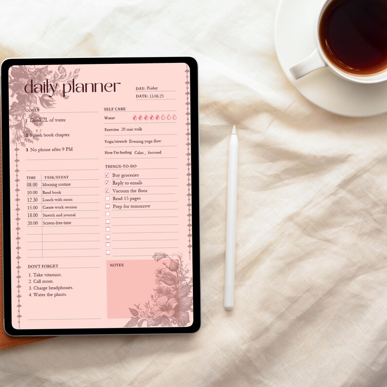 Elegant Daily Planner PDF – Floral Vintage Design, Aesthetic Self-care ...