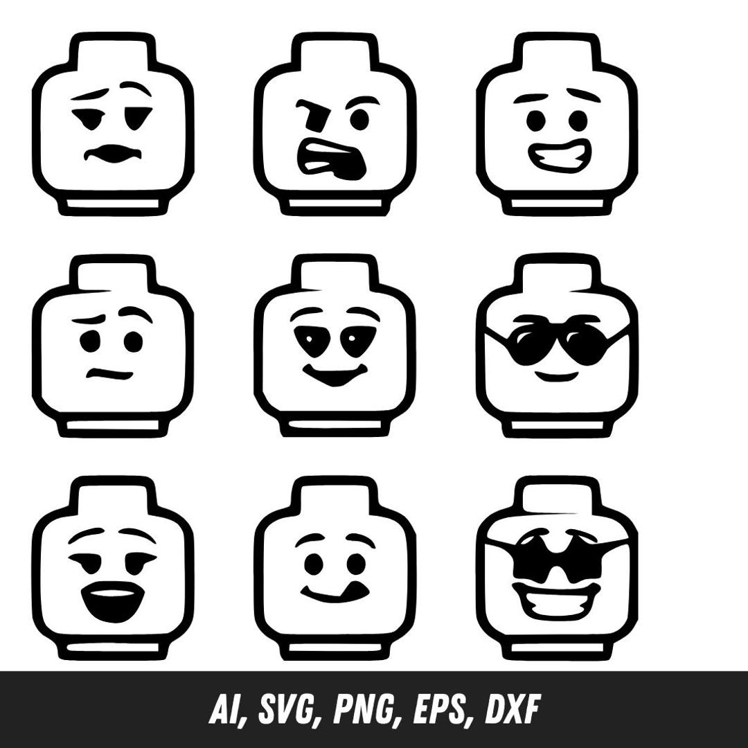 Lego Style Minifigure Face SVG Bundle | 9 Emotions Robot Heads for Kids ...