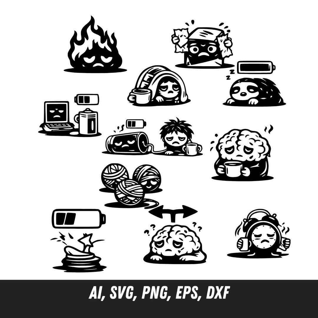 Funny Burnout Icons SVG Bundle – Mental Health Clipart (ai, Svg, Png ...