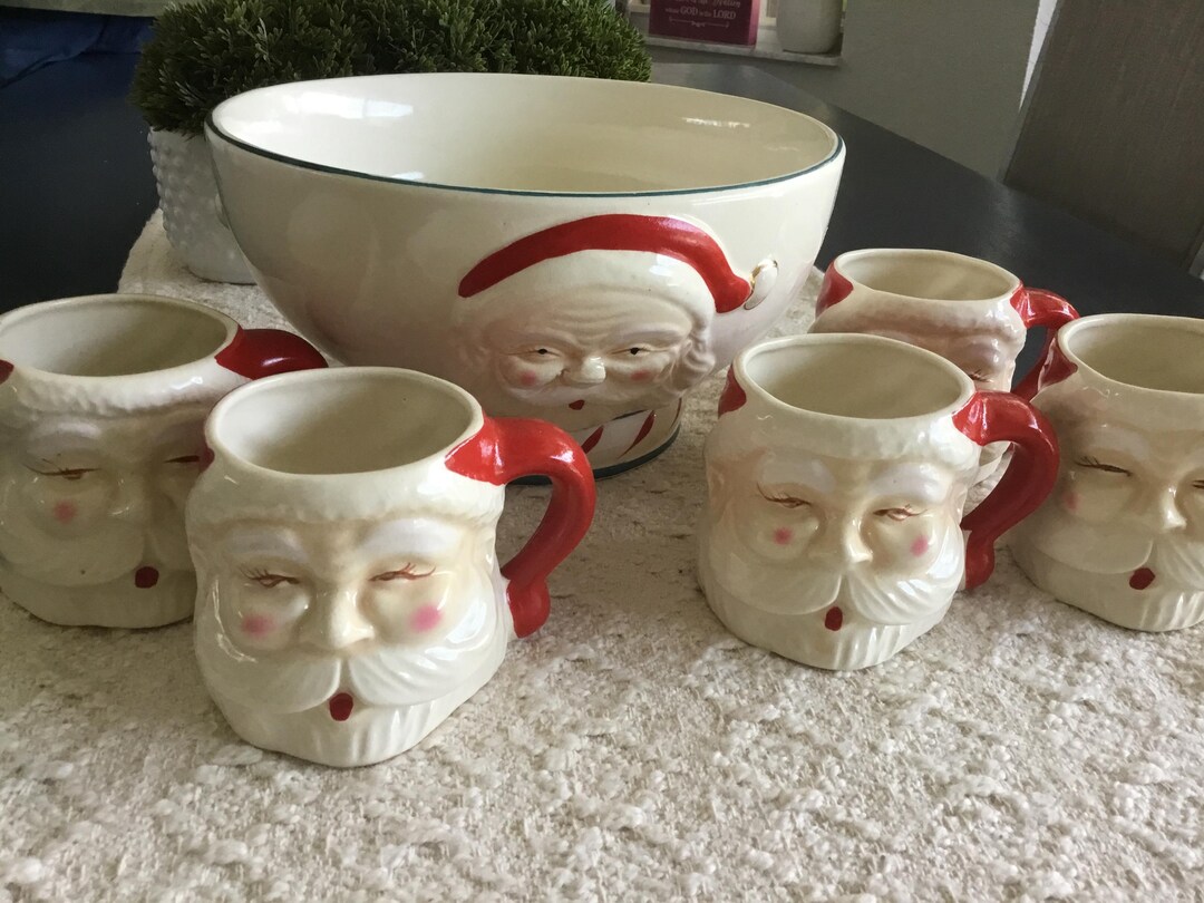 Vintage Christmas Punch Bowl Santa Mugs Rare - Etsy