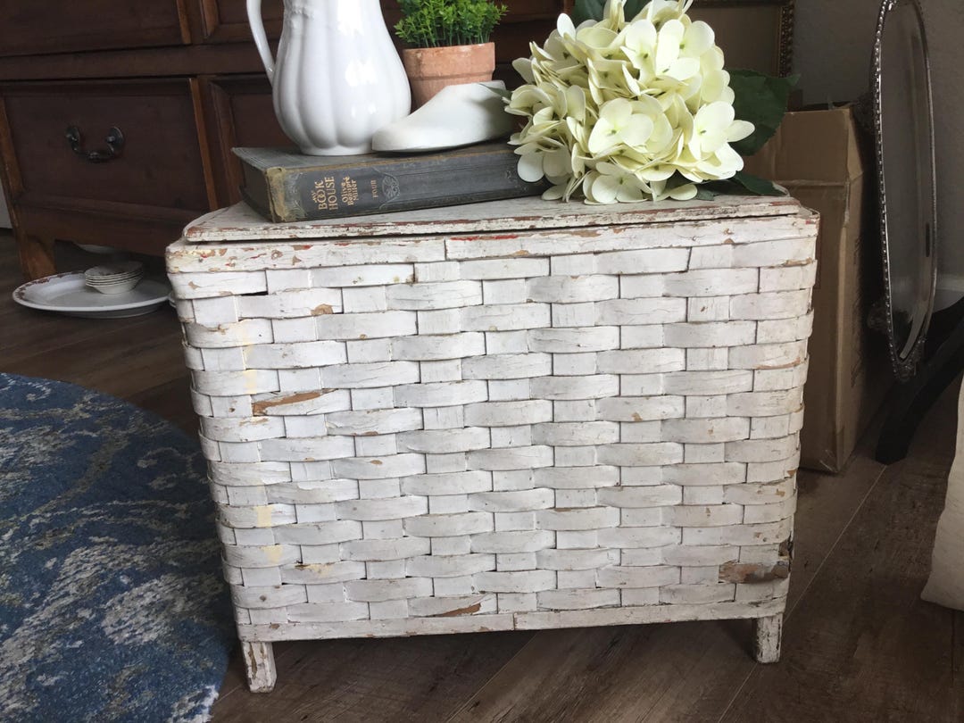 Vintage Rattan Clothes Hamper Chippy White Farmhouse - Etsy