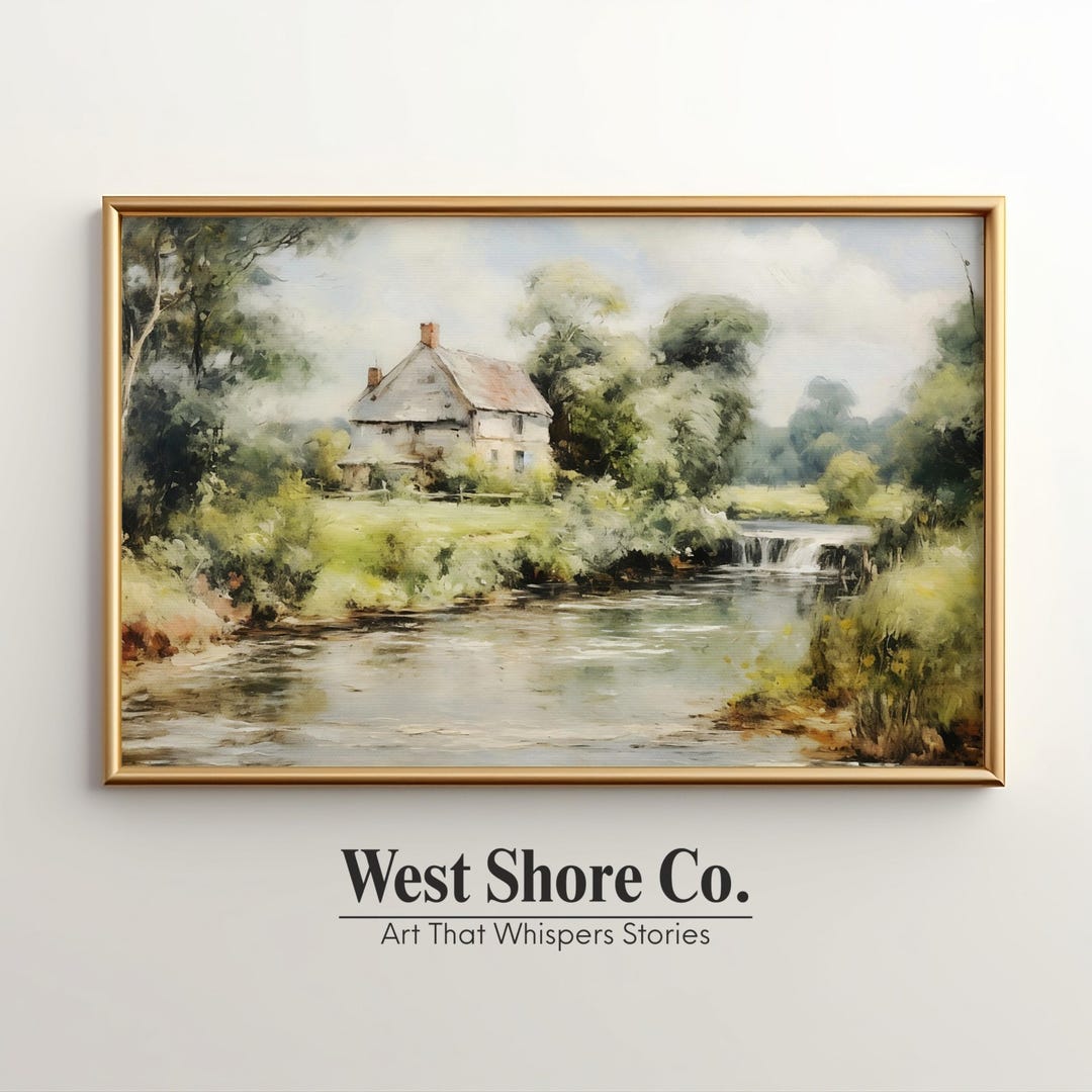 Vintage Cottage by the River – Rustic Countryside Landscape Print, John ...