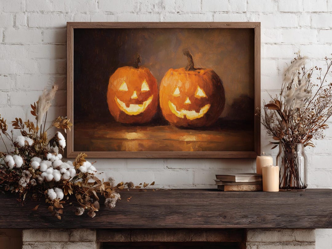 Vintage Pumpkin Jack-o-lantern Art Print: Rustic Halloween Still Life ...