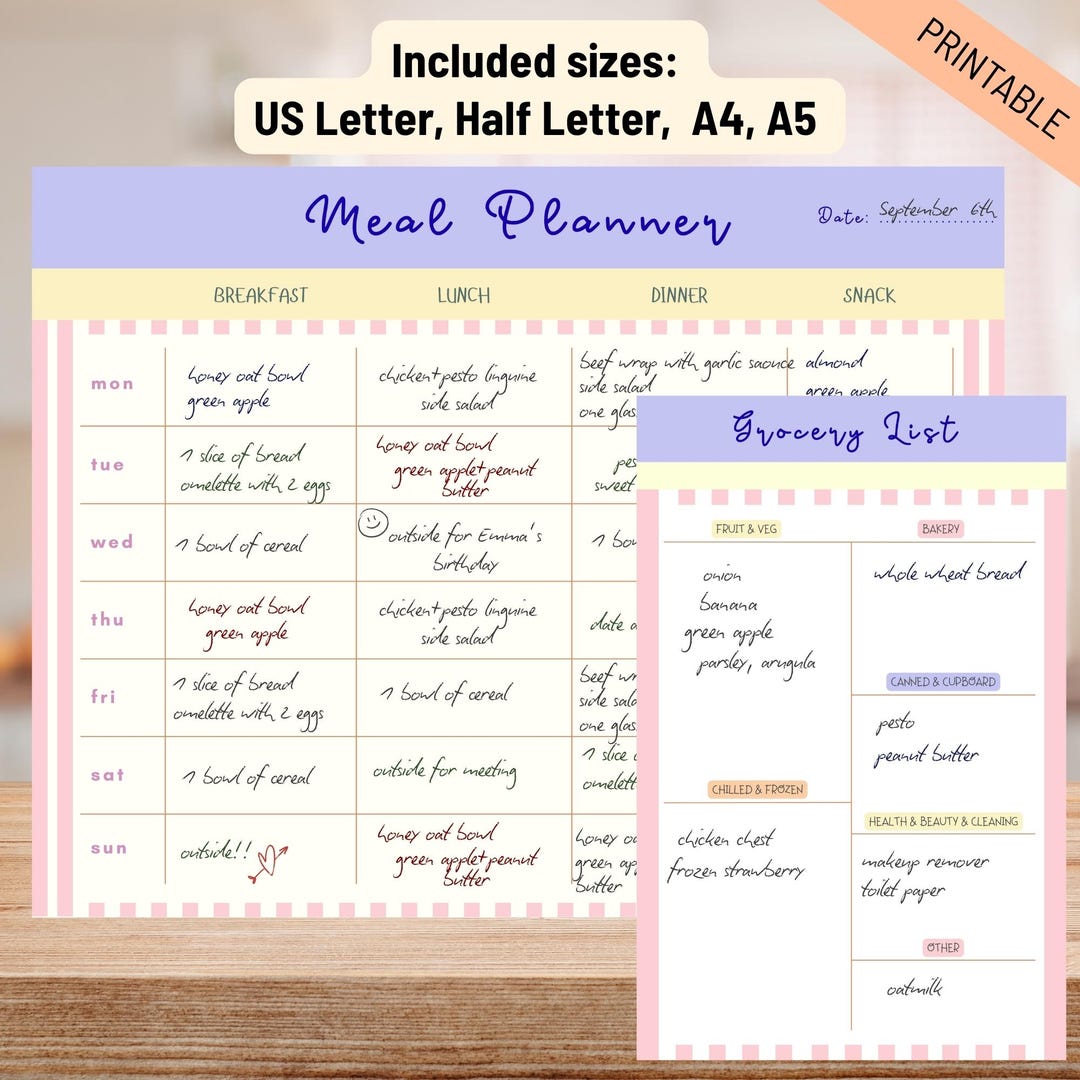 Printable Weekly Meal Planner & Grocery List, 7-day Menu Planner and ...