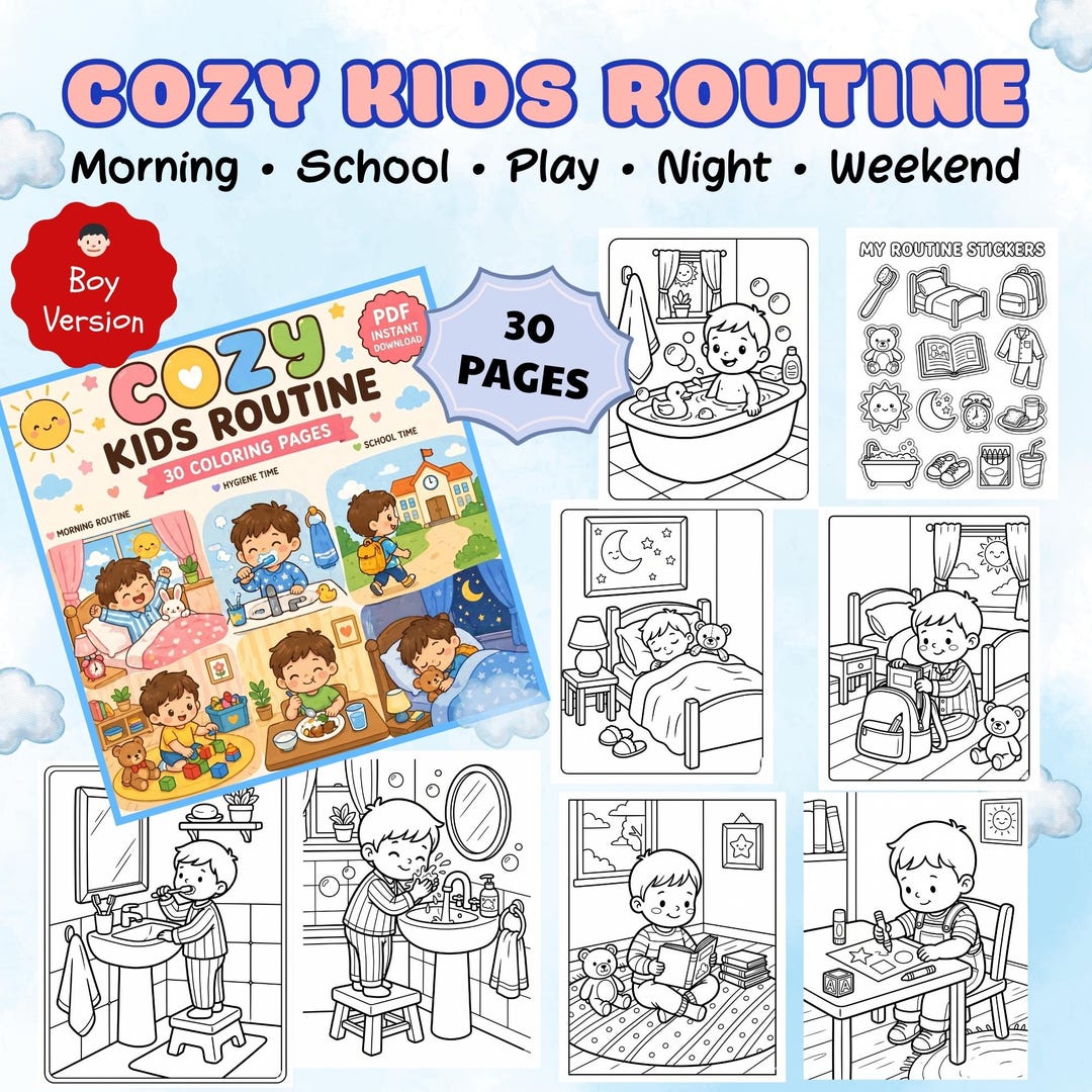Kids Daily Routine Coloring Book | 30 Printable Pages | Boy Version PDF ...