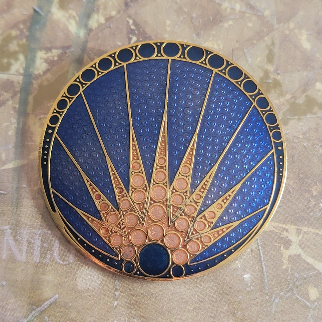 Vintage Enamel and Gold Tone Metal Rising or Setting Sun Rays Brooch or ...