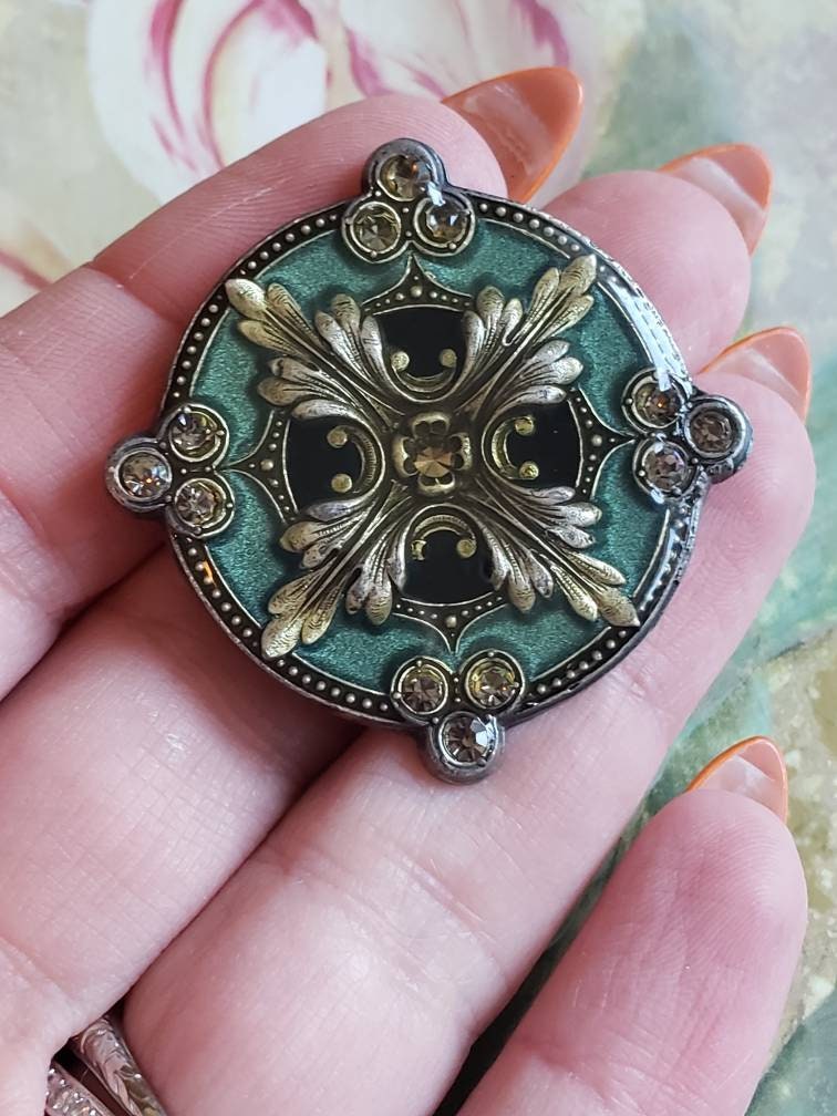 Vintage Green Enamel and Rhinestone Brooch or Pin | Etsy