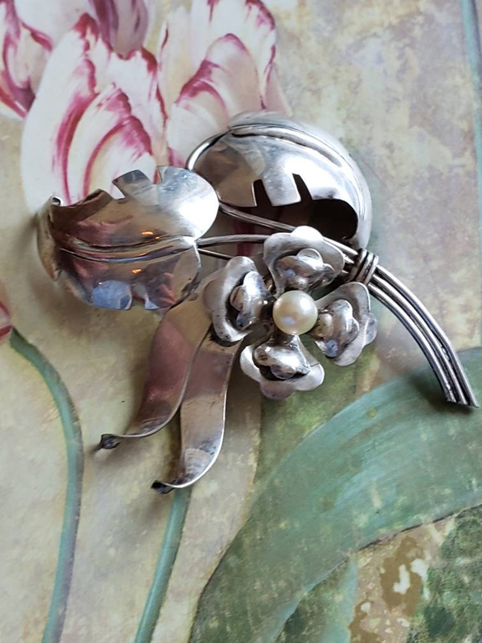 Vintage Harry Iskin Sterling Silver Floral Pearl Pin or Brooch | Etsy
