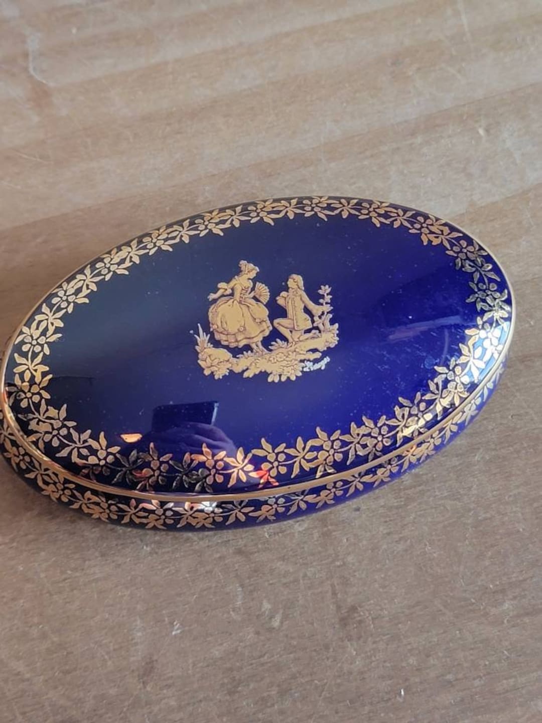 Vintage Limoges Porcelain Oval Trinket Box Made in France Blue and Gold ...