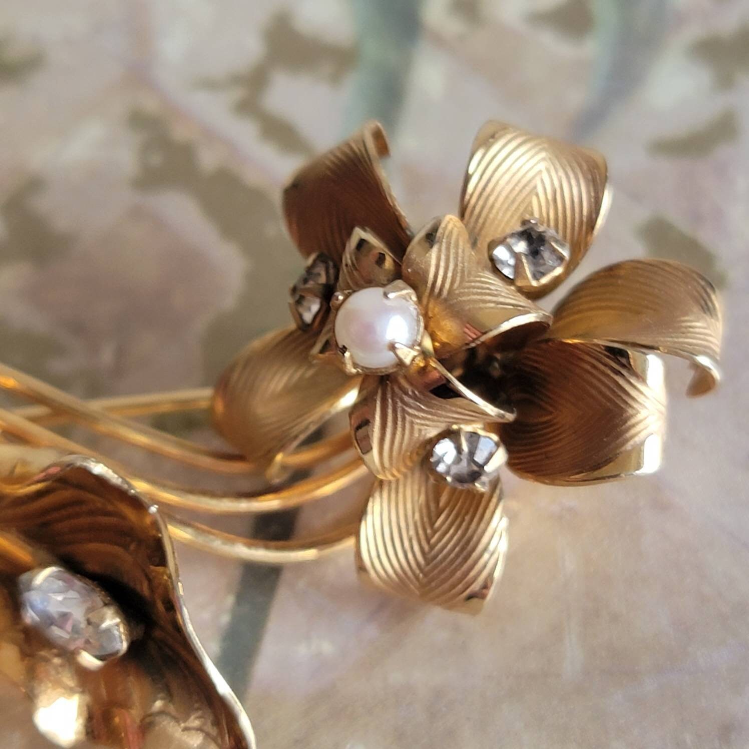 Vintage Mariana Flower 12 Karat Gold Filled With Rhinestones and Pearl ...