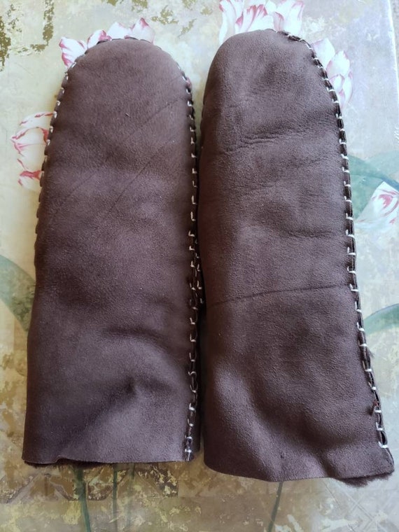 Vintage Brown Suede Leather Shearling Winter Mittens - Gem