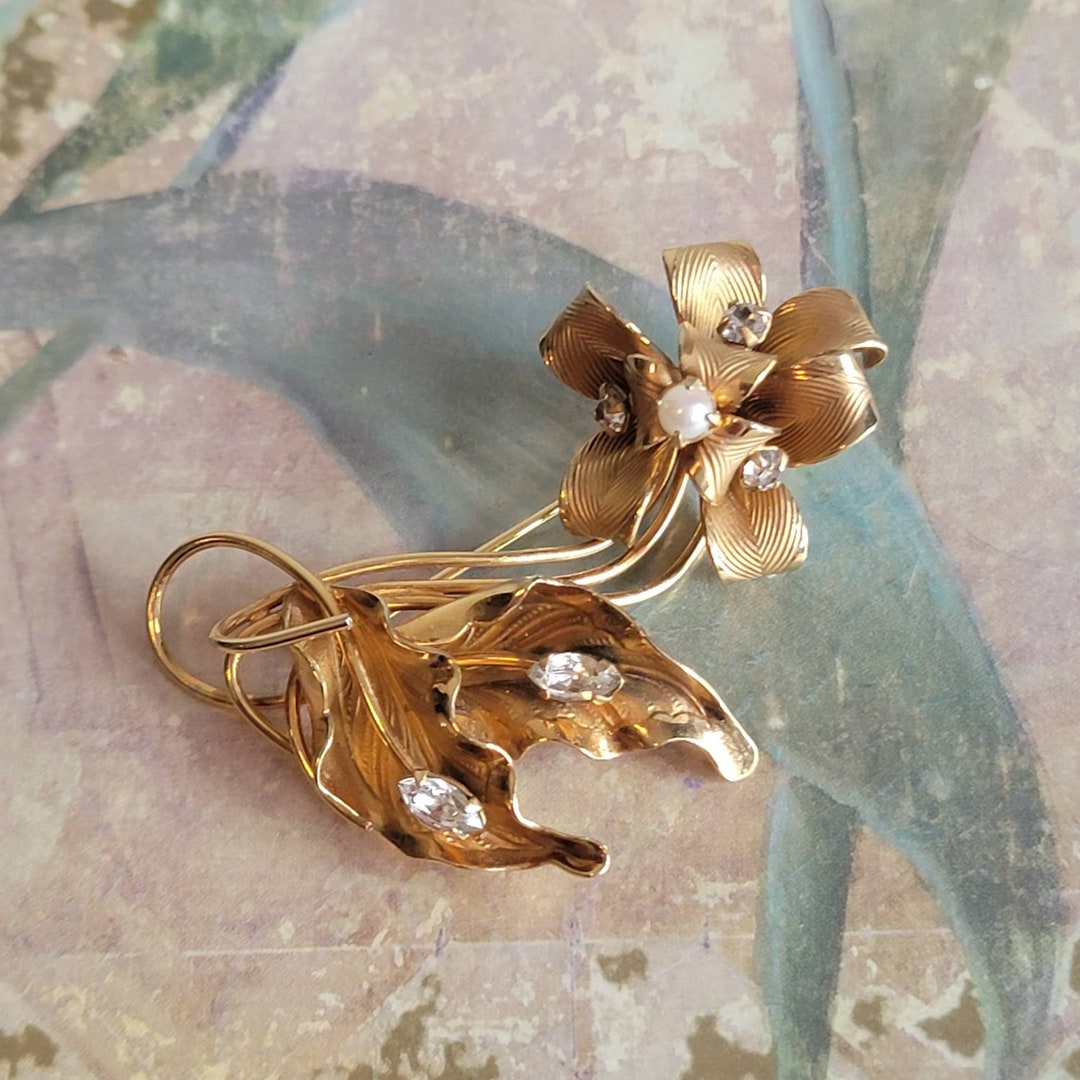 Vintage Mariana Flower 12 Karat Gold Filled With Rhinestones and Pearl ...
