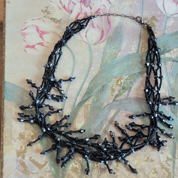 Vintage Black Seed Bead Fringe Necklace - Gem