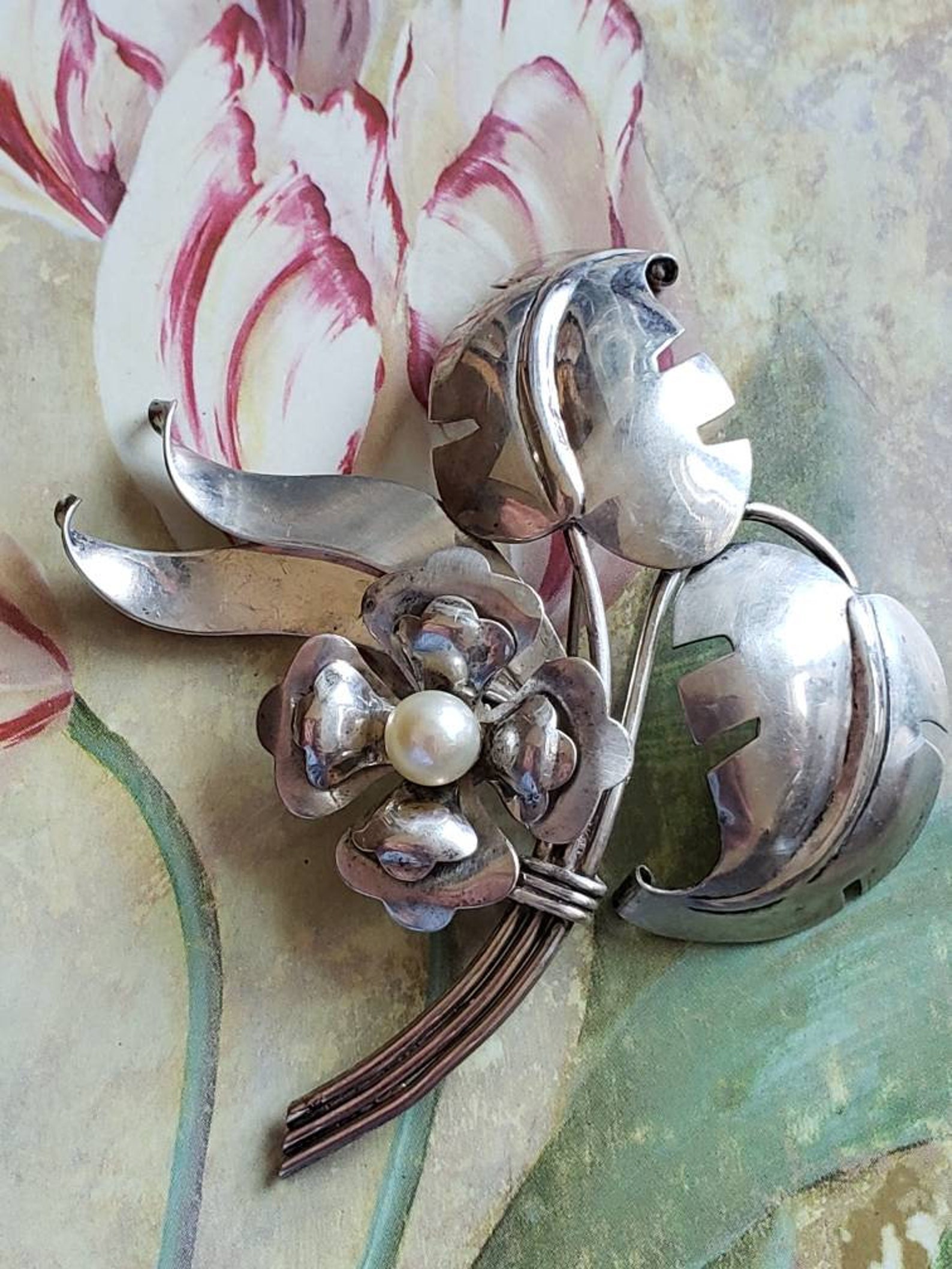 Vintage Harry Iskin Sterling Silver Floral Pearl Pin or Brooch | Etsy