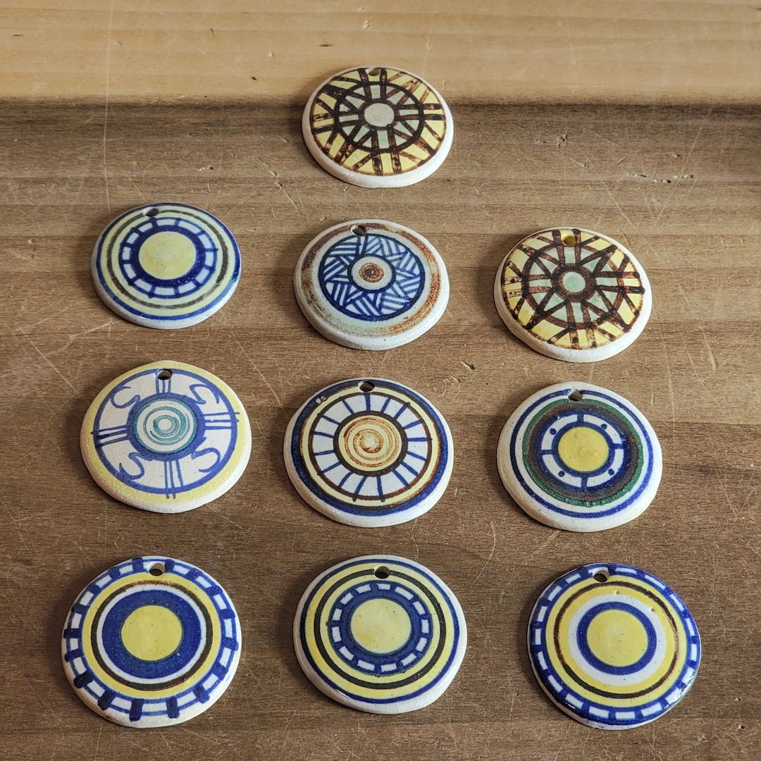 Vintage Hand-painted Clay Pottery Disks: Wall Hanging Accents (lot of ...